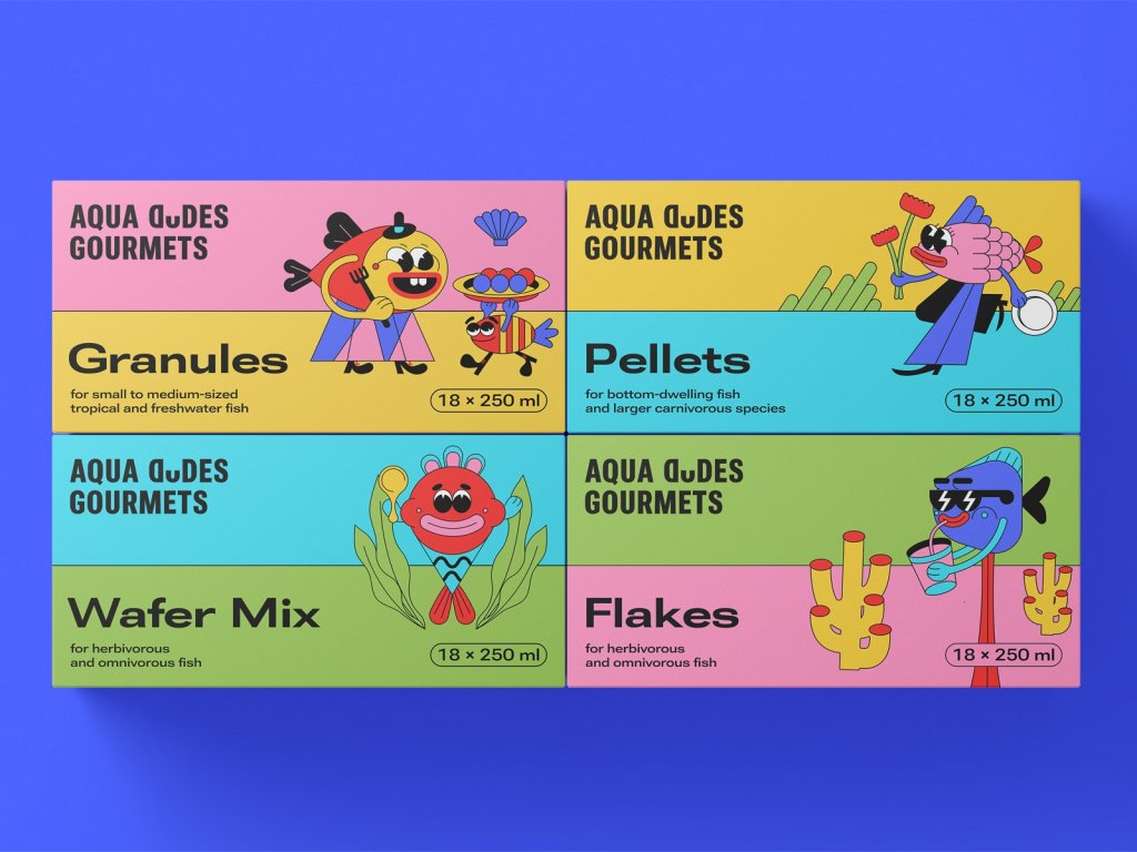 Case Study: Aqua Dudes. Cartoonish Packaging Design for Fish Food Brand