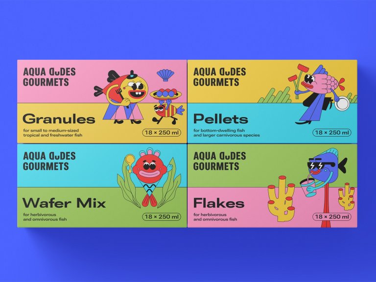 Case Study: Aqua Dudes. Cartoonish Packaging Design for Fish Food Brand