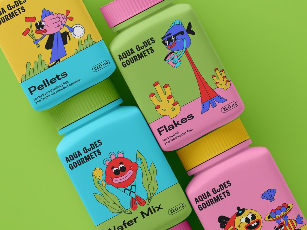 Case Study: Aqua Dudes. Cartoonish Packaging Design for Fish Food Brand